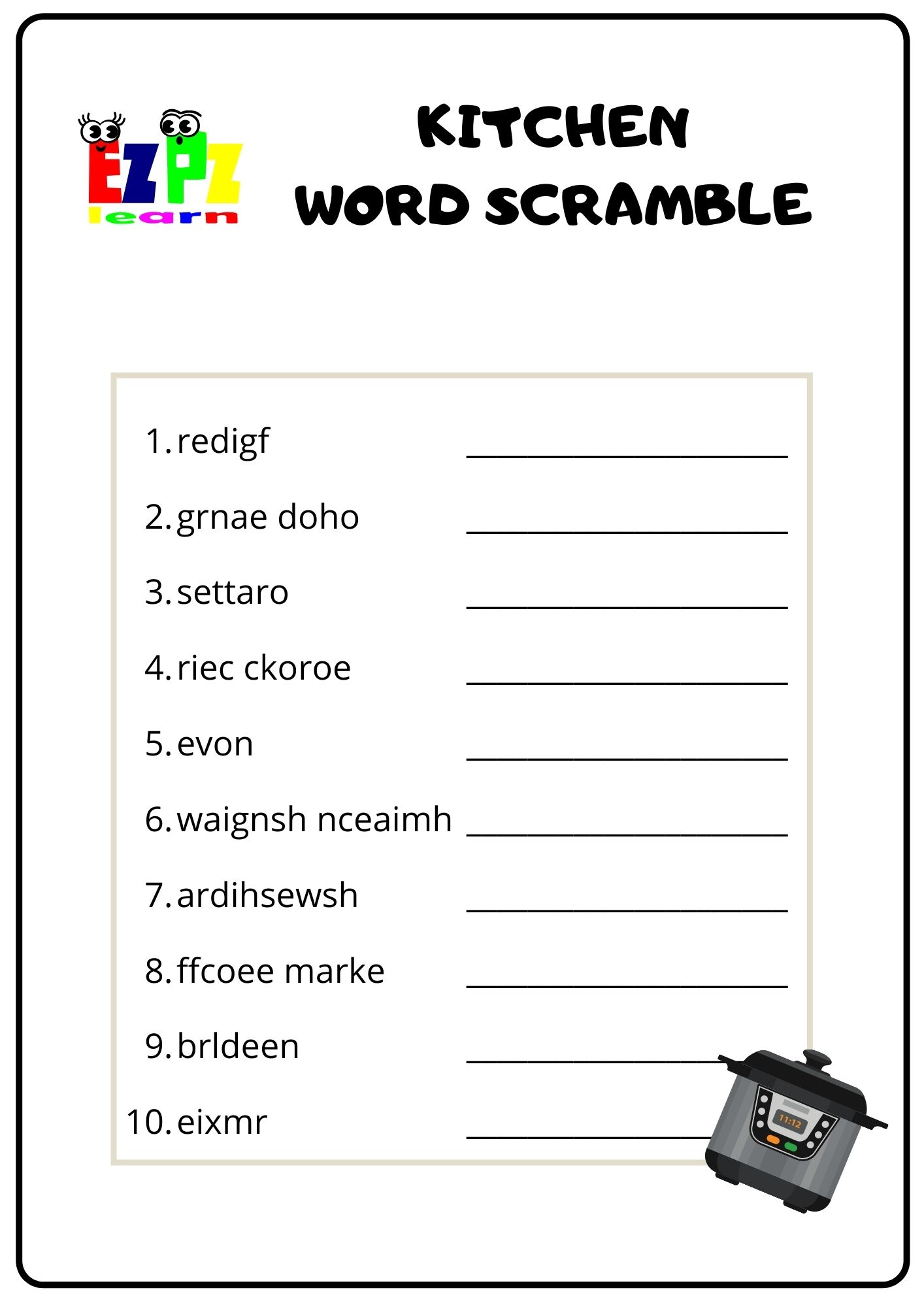 Kitchen Word Scramble - Ezpzlearn.com