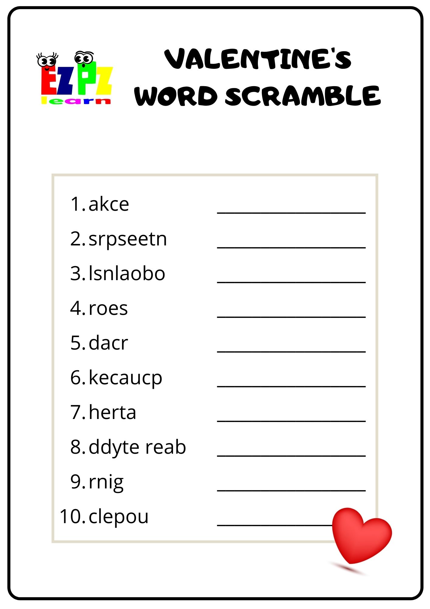 Valentine's Word Scramble - Ezpzlearn.com