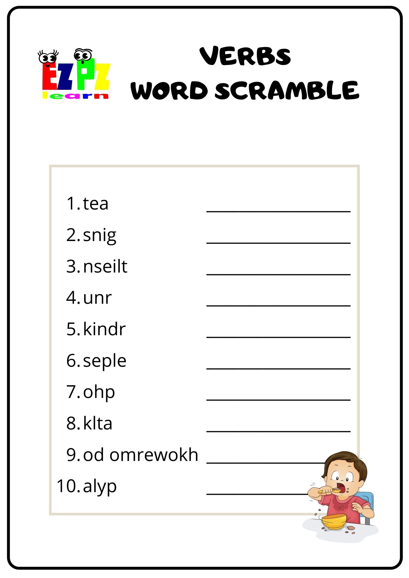 Action Verbs 1 Word Scramble Free PDF Download - Ezpzlearn.com