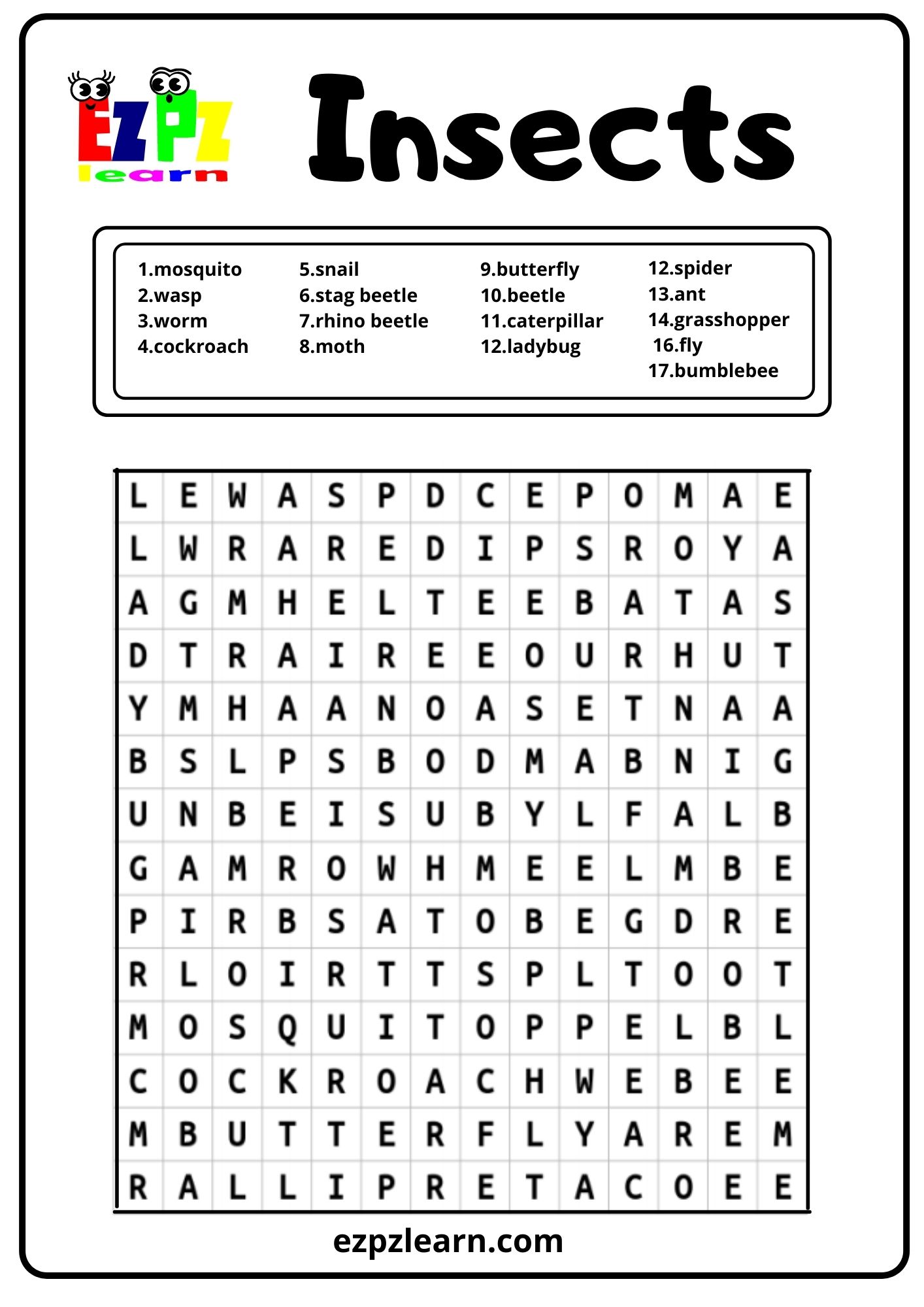 Insects & Bugs Word Search - Ezpzlearn.com