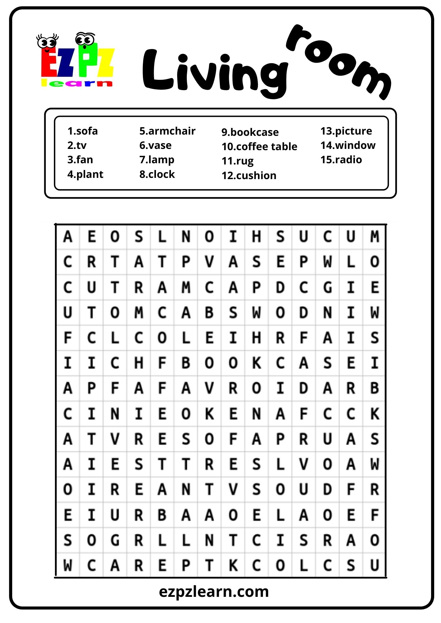 Living Room Items Word Search | Baci Living Room