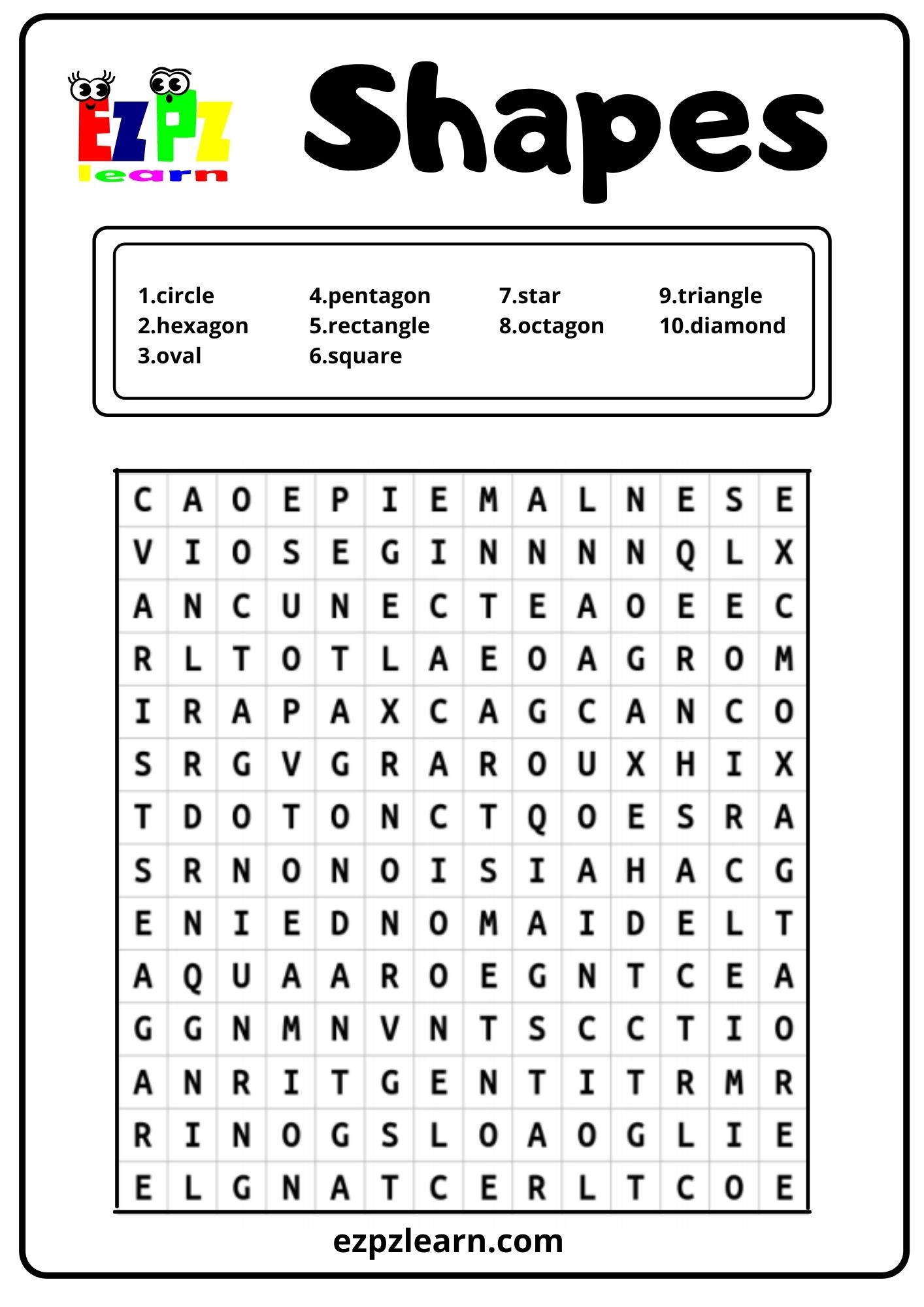 Shapes Word Search - Ezpzlearn.com