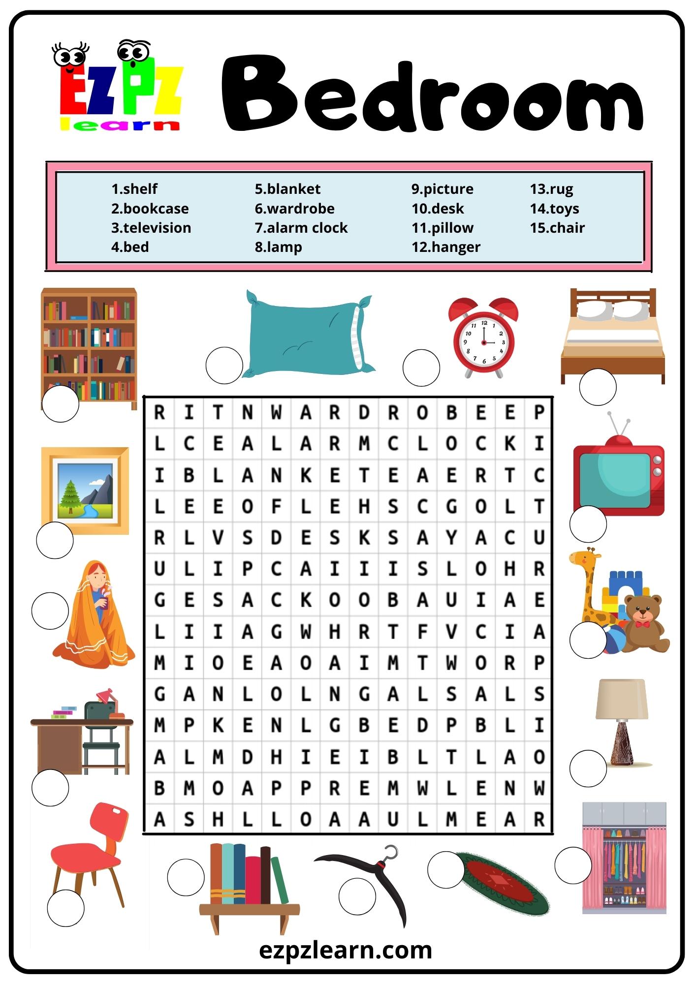 Bedroom Word Search with Images 2 For K5 and English Language Learners ...