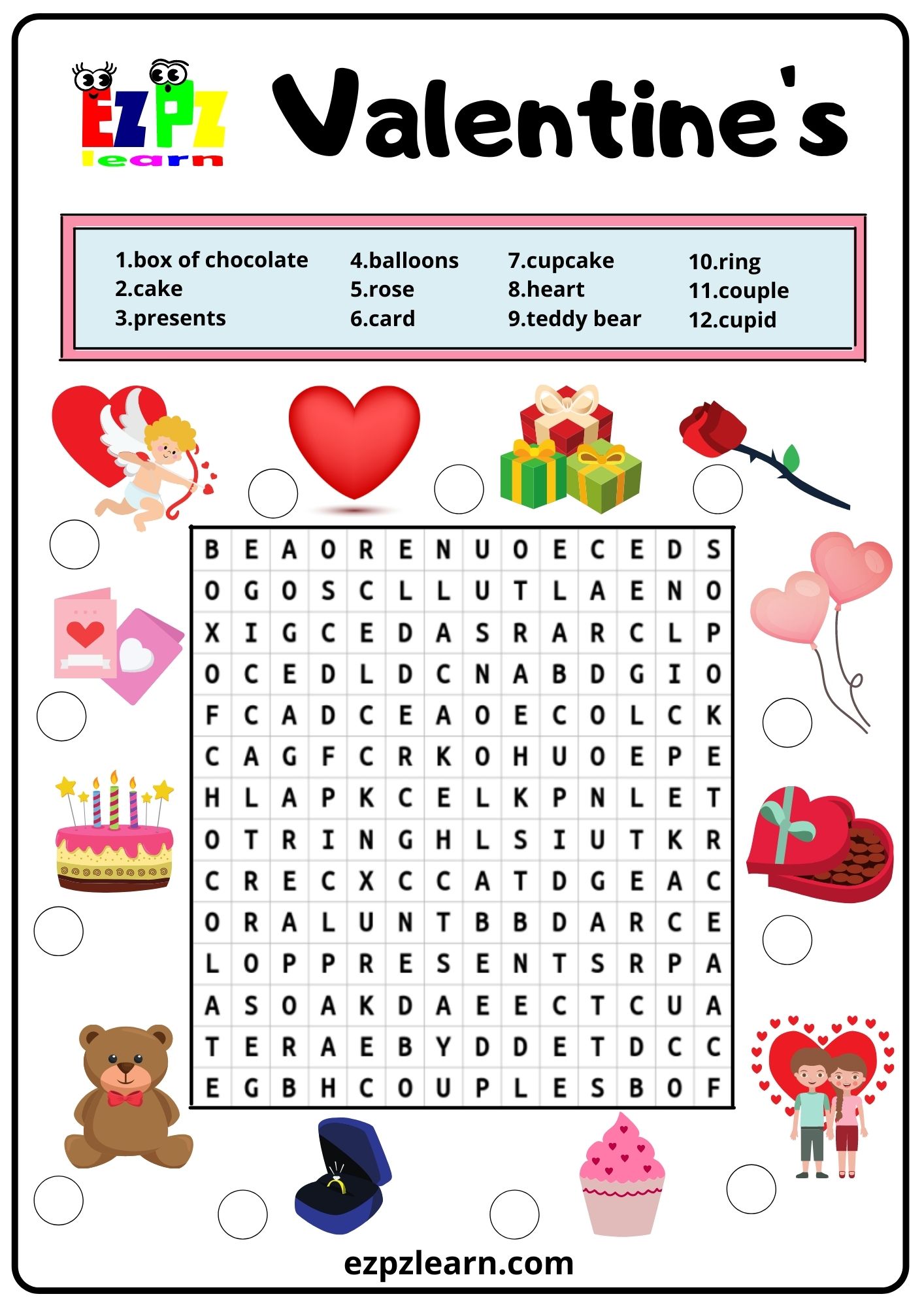 Valentine's Holiday Word Search 2 - Ezpzlearn.com