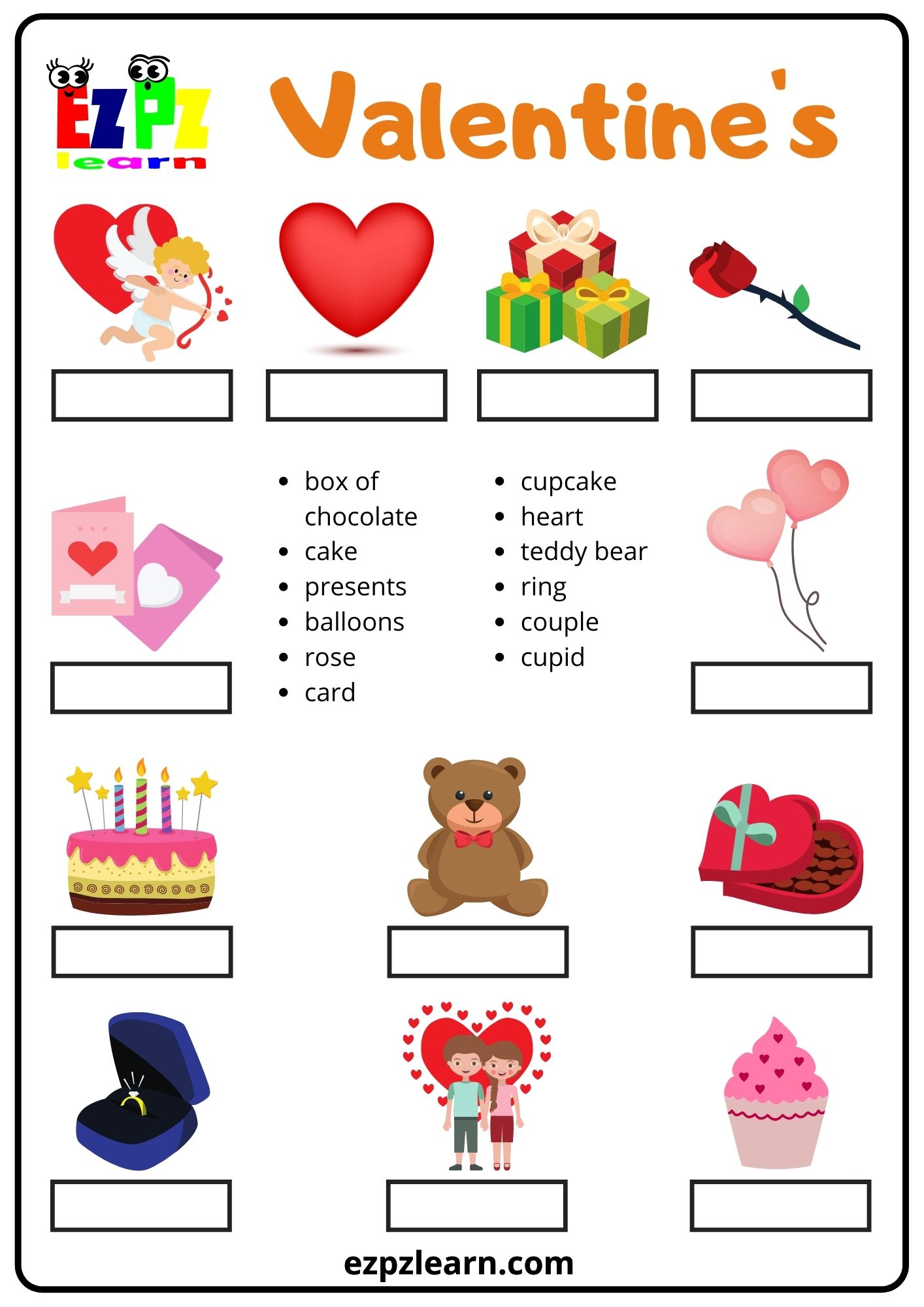 Valentine's Word Match - Ezpzlearn.com