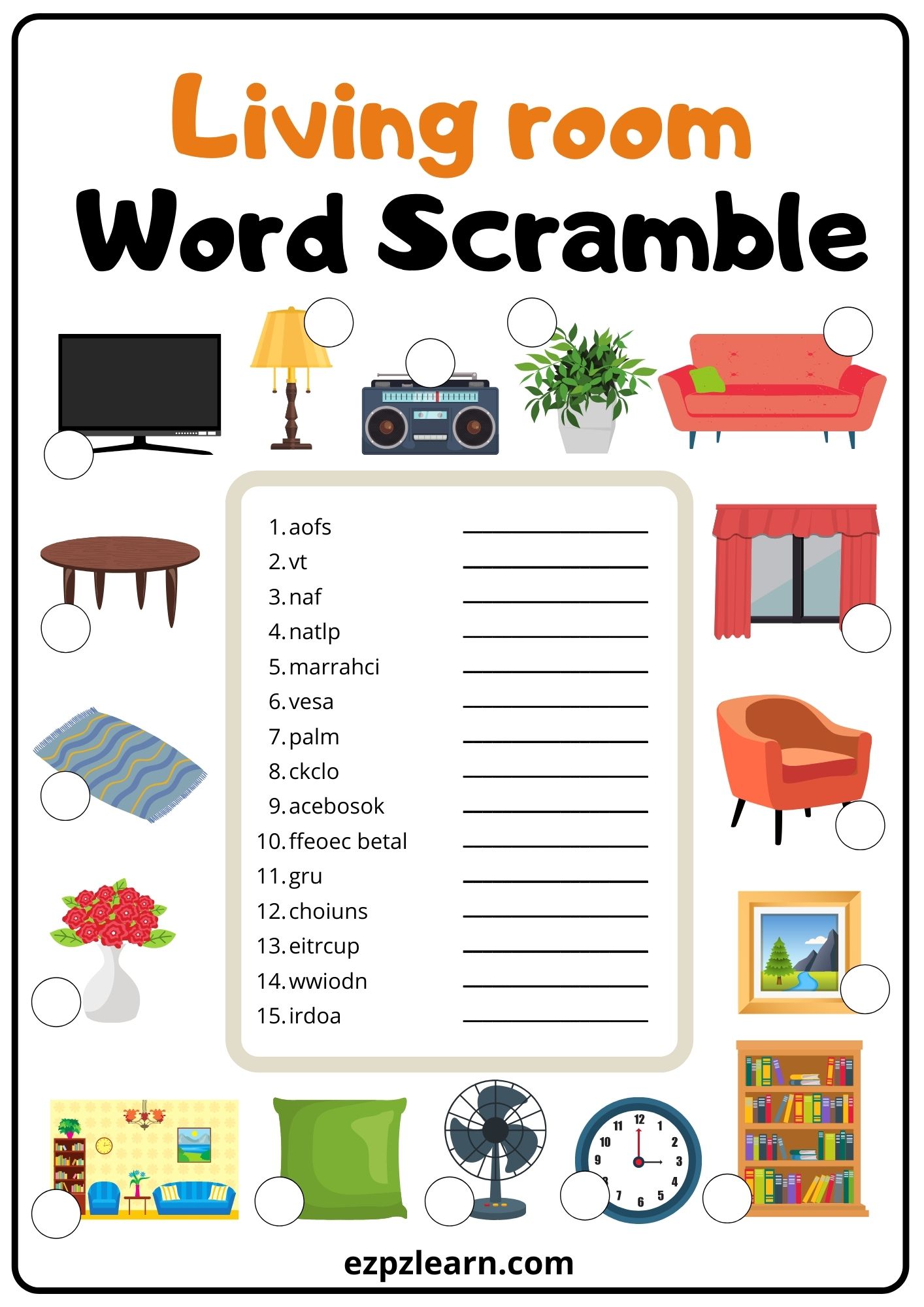 Living Room Word Scramble 2 - Ezpzlearn.com