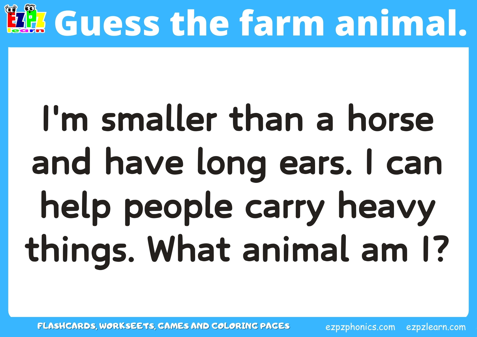 Farm Animals Guessing Game. Read the clues and then guess the animal ...