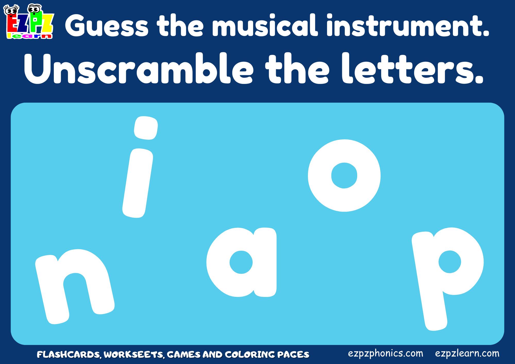 Musical Instruments Vocabulary Word Scramble Game. - Ezpzlearn.com
