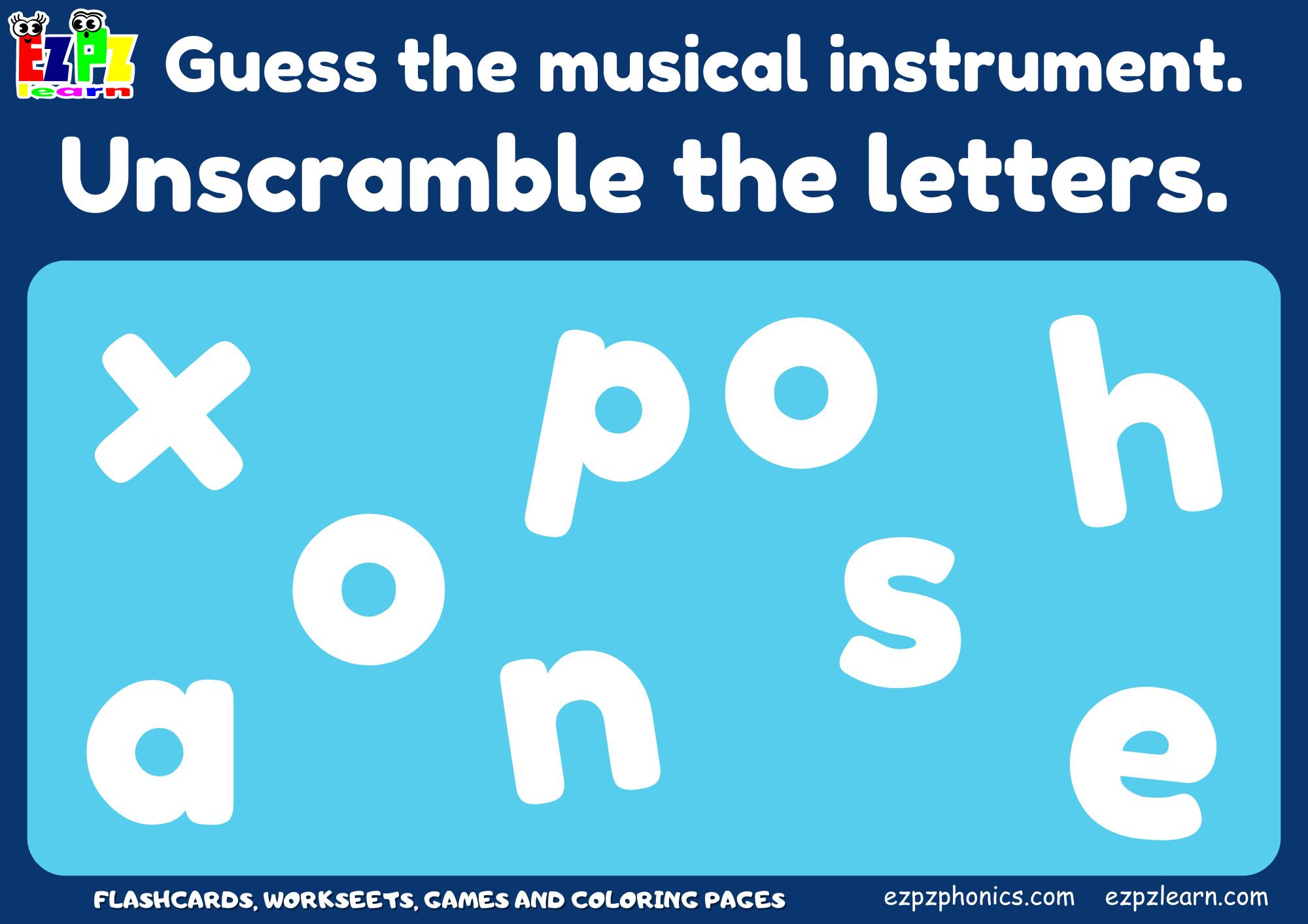 Musical Instruments Vocabulary Word Scramble Game. - Ezpzlearn.com
