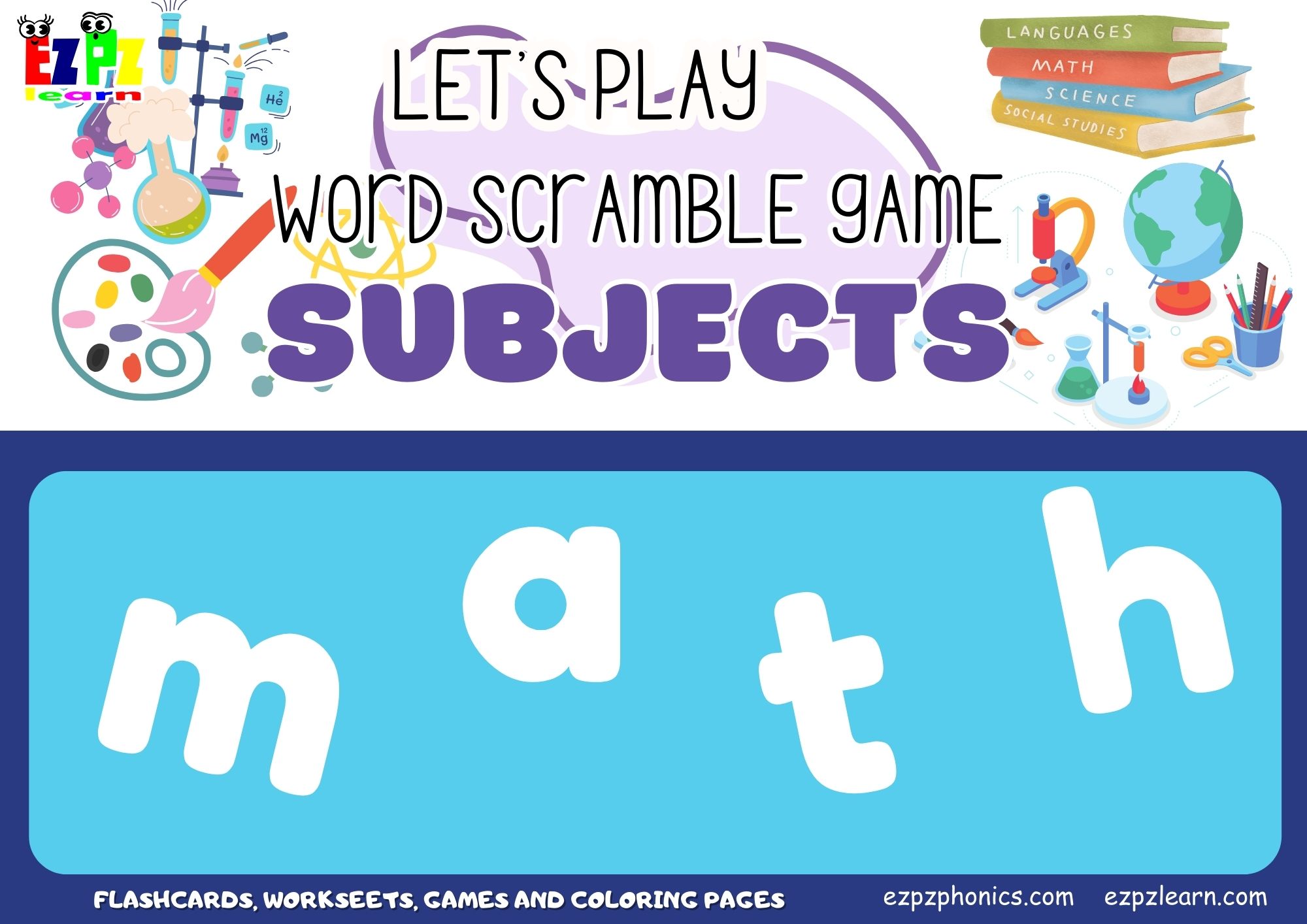 School Subjects Vocabulary Word Scramble Game. Spelling game for kids ...