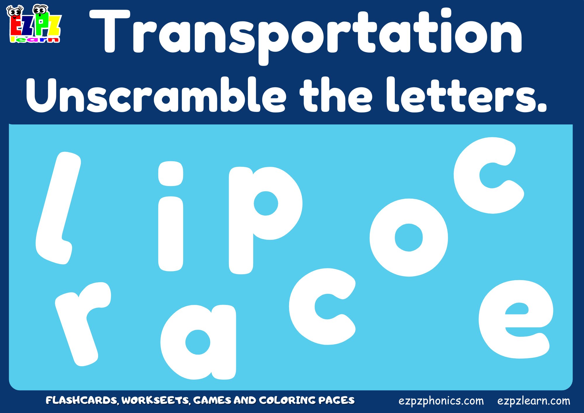 Transportation and Vehicles Vocabulary Word Scramble Guessing Game ...