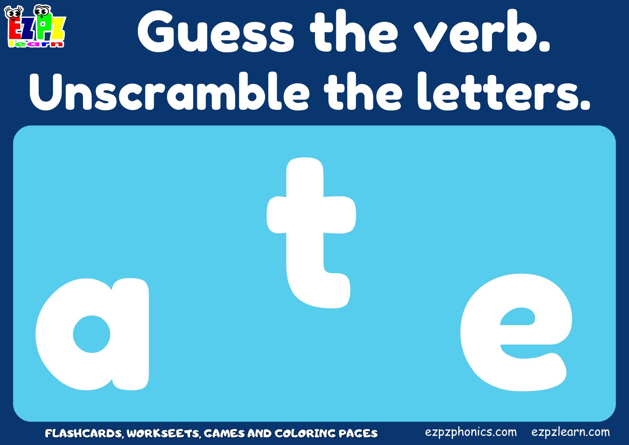 Action Verbs Vocabulary Word Scramble Guessing Game. For kids and ESL ...