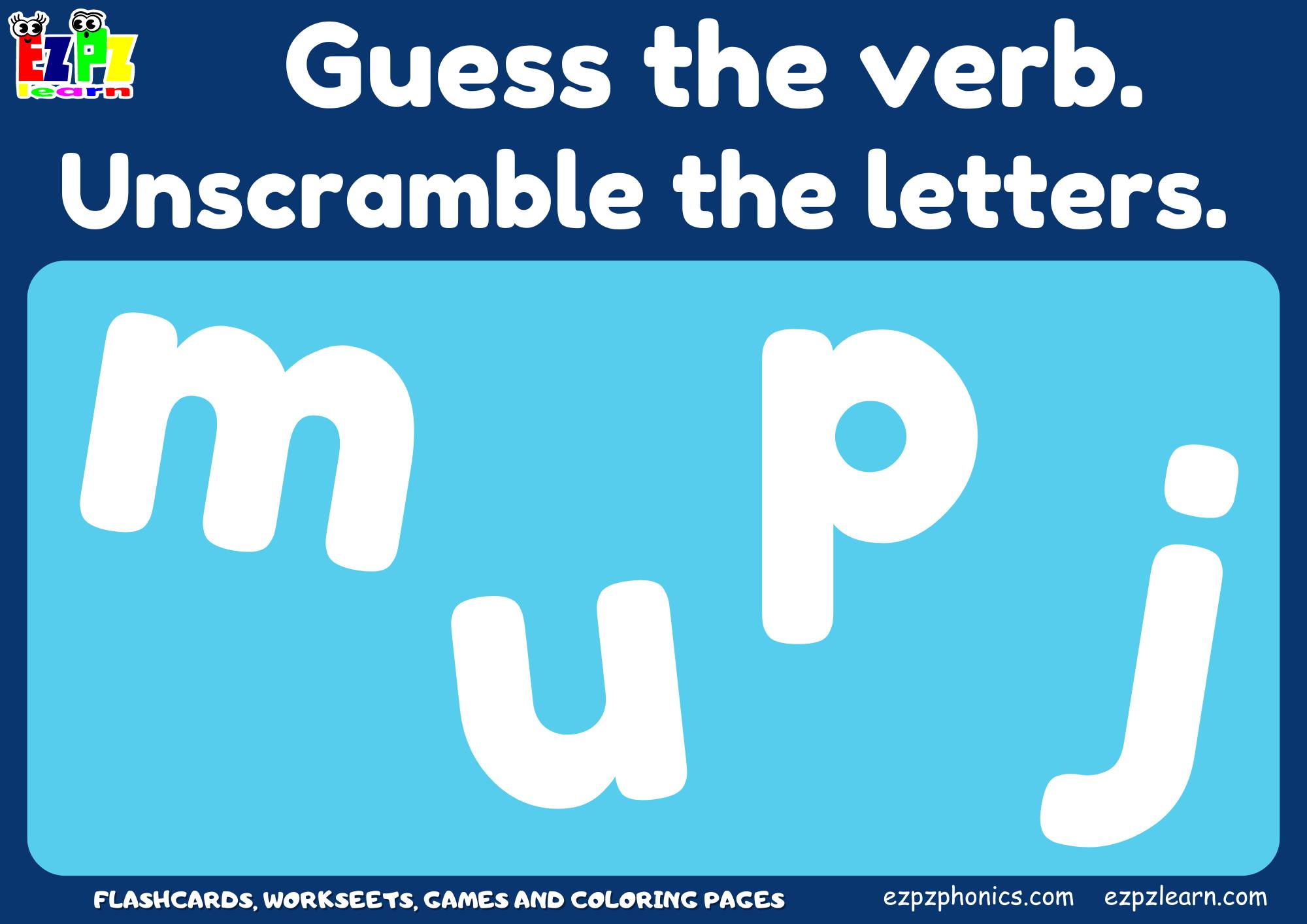 Action Verbs Vocabulary Word Scramble Guessing Game. For kids and ESL ...