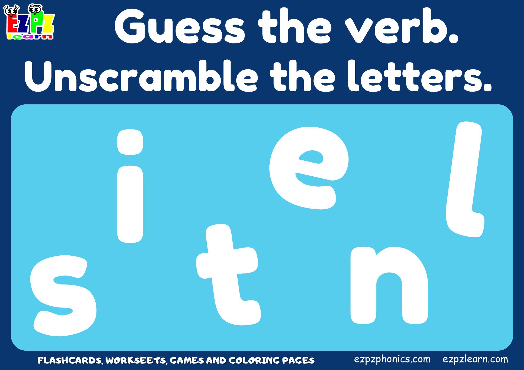 Action Verbs Vocabulary Word Scramble Guessing Game. For kids and ESL ...