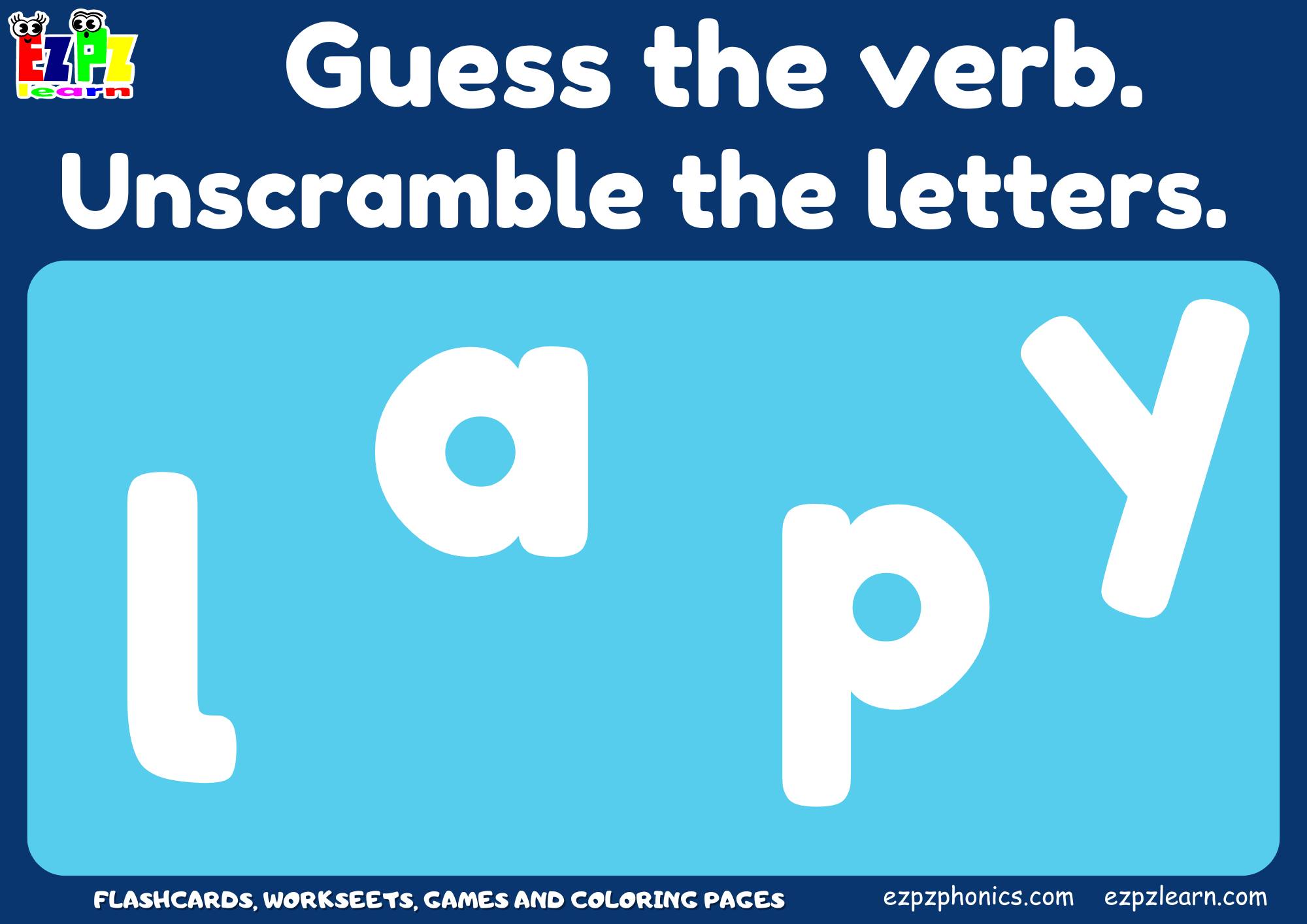 Action Verbs Vocabulary Word Scramble Guessing Game. For kids and ESL ...