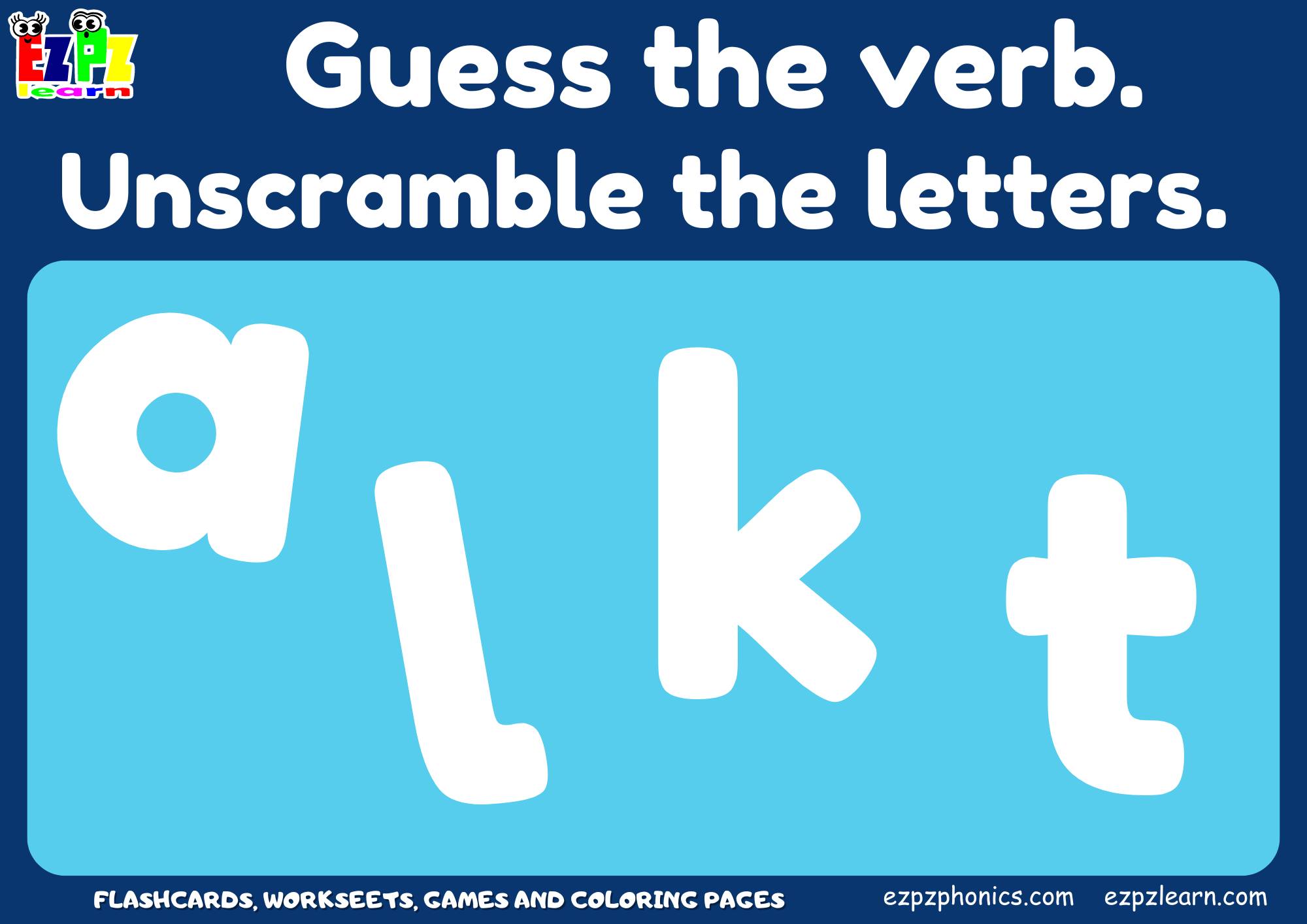 Action Verbs Vocabulary Word Scramble Guessing Game. For kids and ESL ...