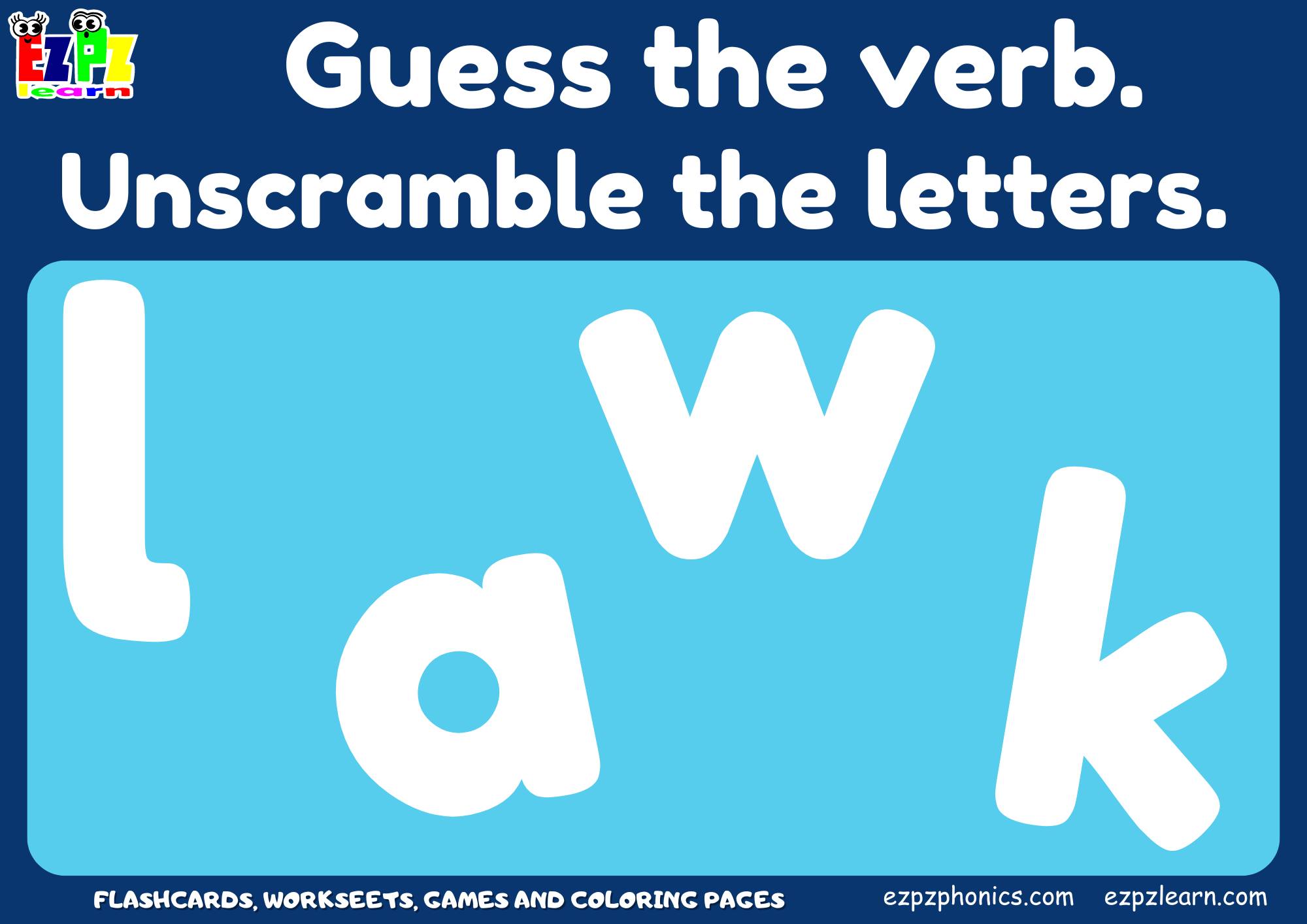 Action Verbs Vocabulary Word Scramble Guessing Game. For kids and ESL ...