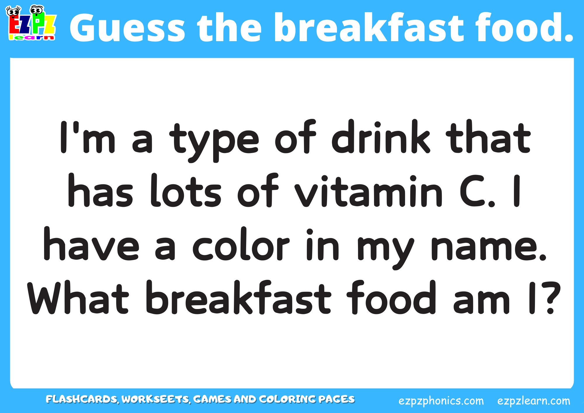 Breakfast Food Vocabulary Guessing Game for Kids. Read the clue then ...