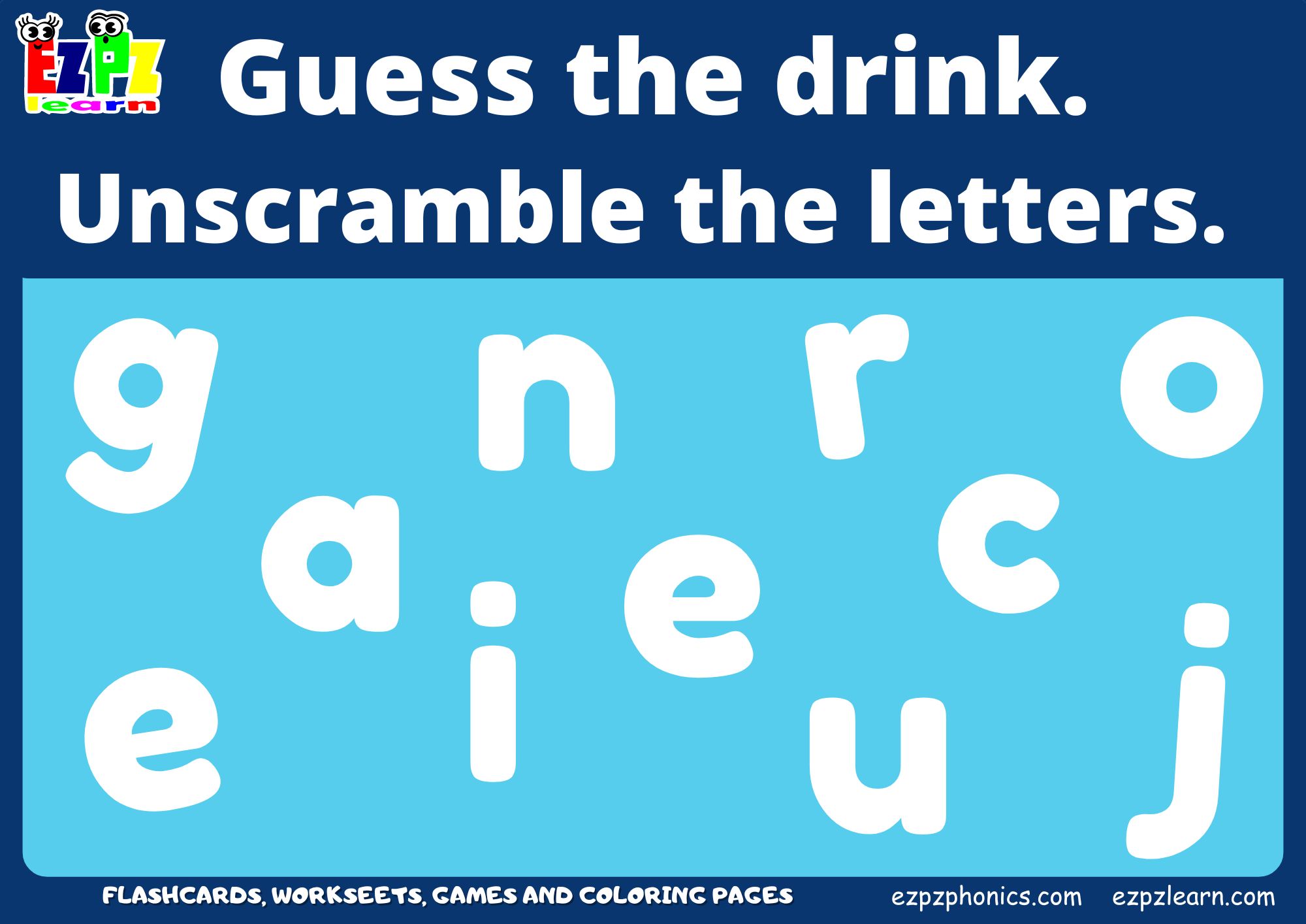 Drinks Vocabulary Word Scramble Guessing Game. Great for kids and ...