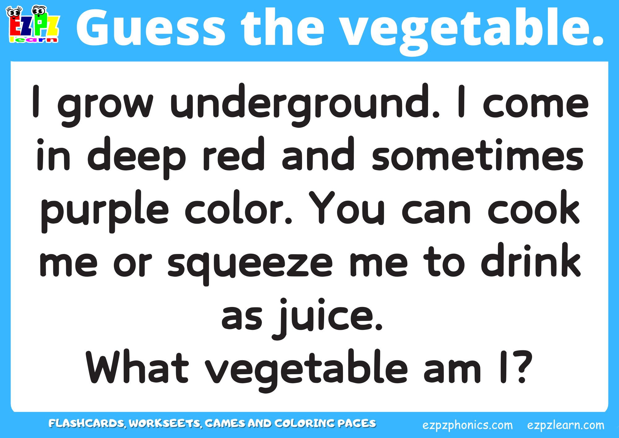 Vegetables Vocabulary Guessing Game for Kids and ESL Students. Read the ...
