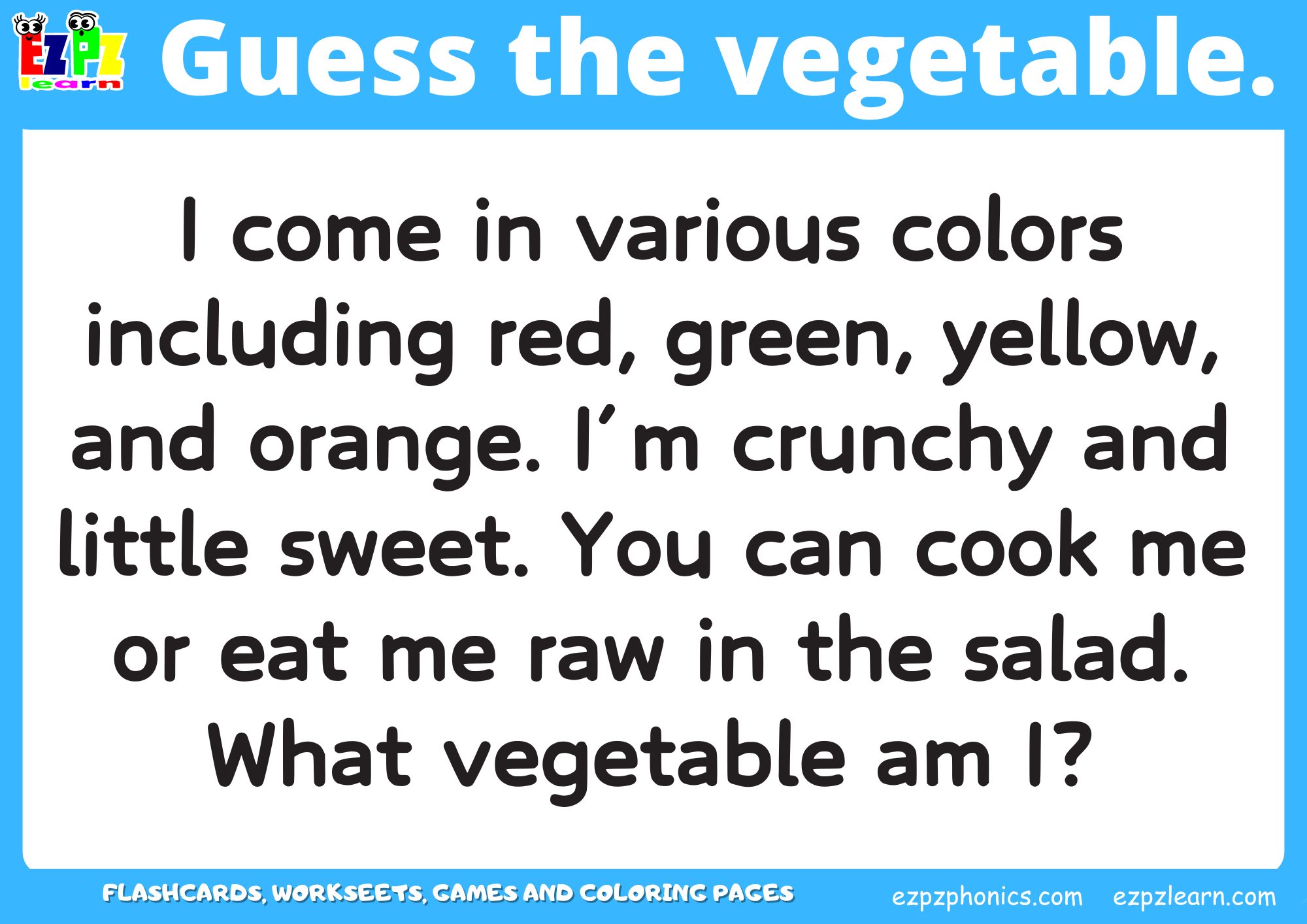 Vegetables Vocabulary Guessing Game for Kids and ESL Students. Read the ...