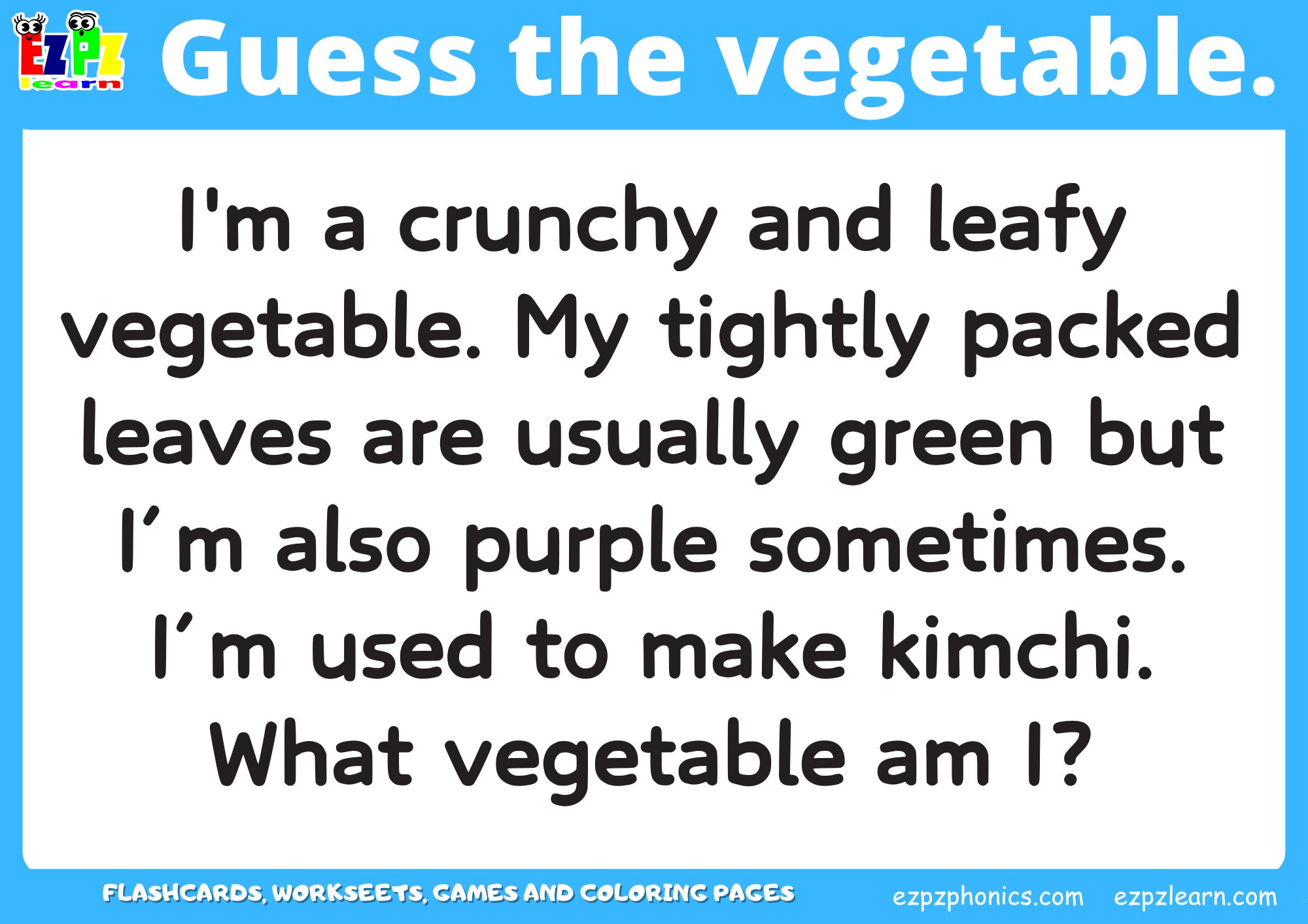 Vegetables Vocabulary Guessing Game for Kids and ESL Students. Read the ...